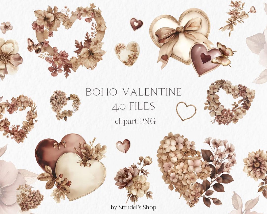 Boho Valentine Clipart - Romantic PNG With Floral Hearts and Rustic ...