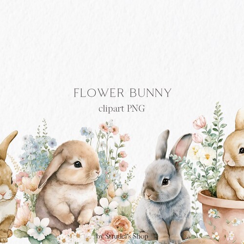 Flower Bunny Watercolor Clipart PNG Easter Bunny Easter - Etsy