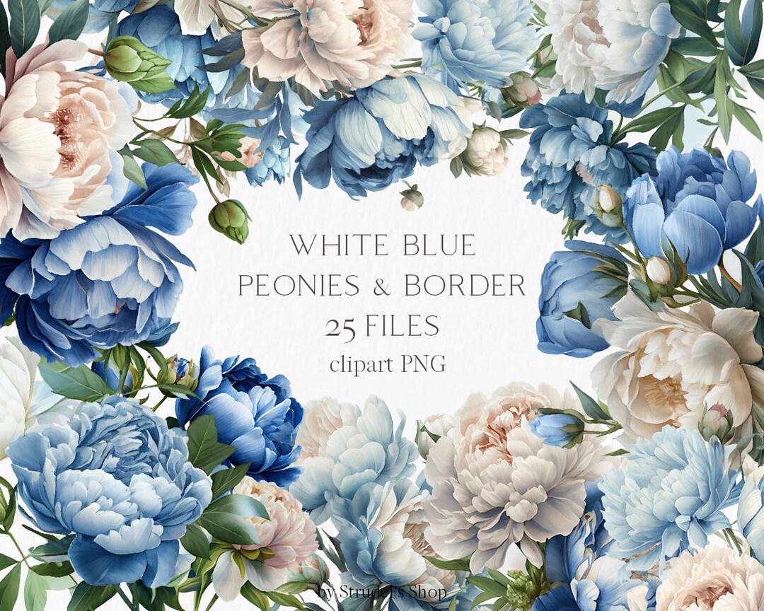 White Blue Peonies Bouquet, Seamless Border Watercolor Clipart PNG # ...