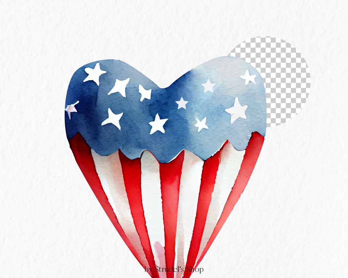 American Flag Hearts Watercolor Clipart PNG 4th of July - Etsy