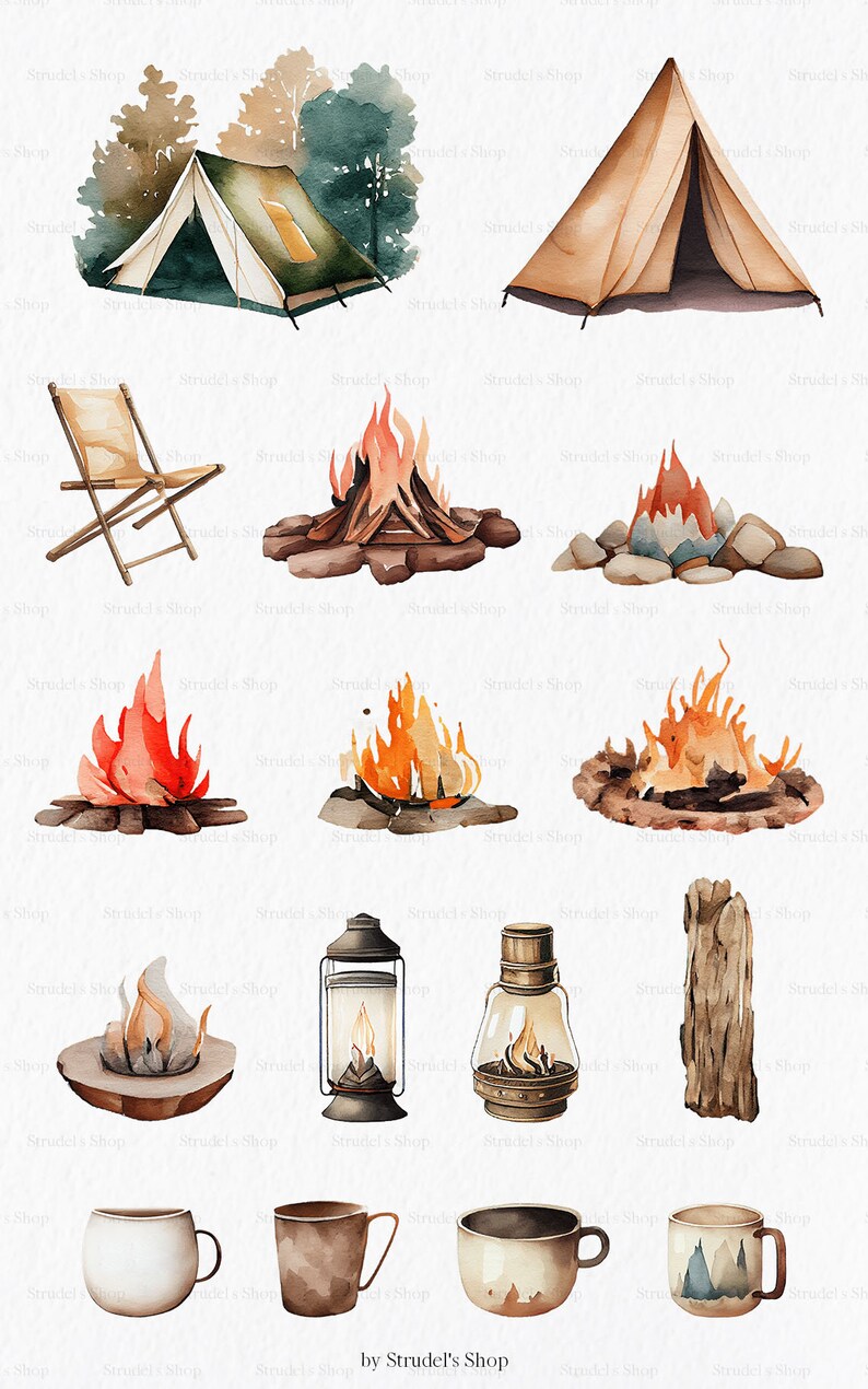 Glamping Watercolor Clipart PNG - Camping Adventure Planner Stickers ...