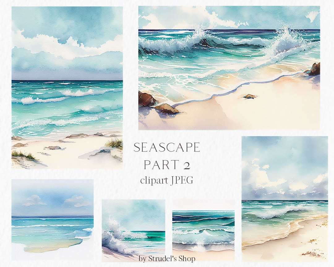 Ocean Landscape Watercolor Clipart PNG - Scenery Beach Sea Summer ...