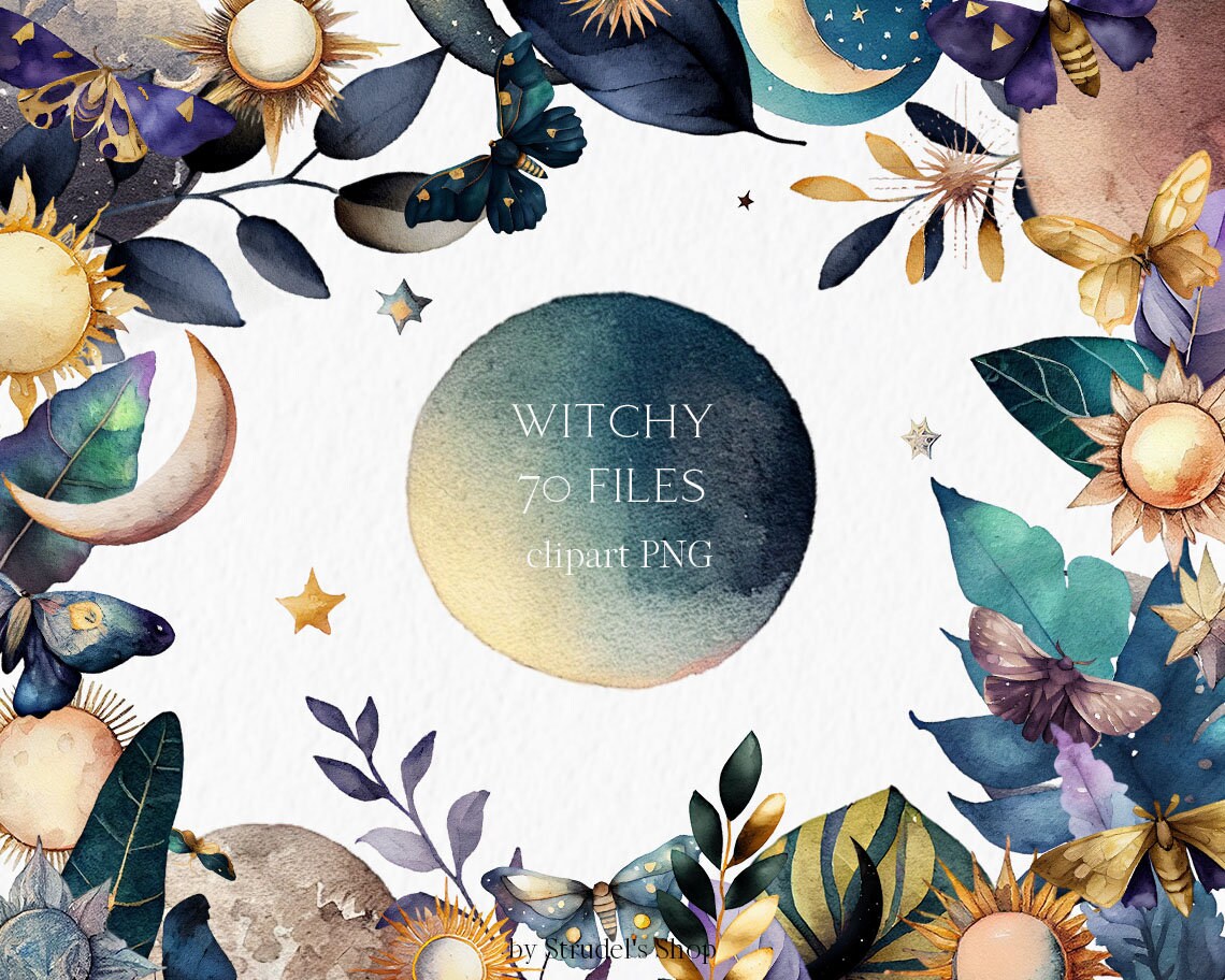 Witchy Watercolor Clipart PNG Mystical Crescent Sun Star Butterflies ...