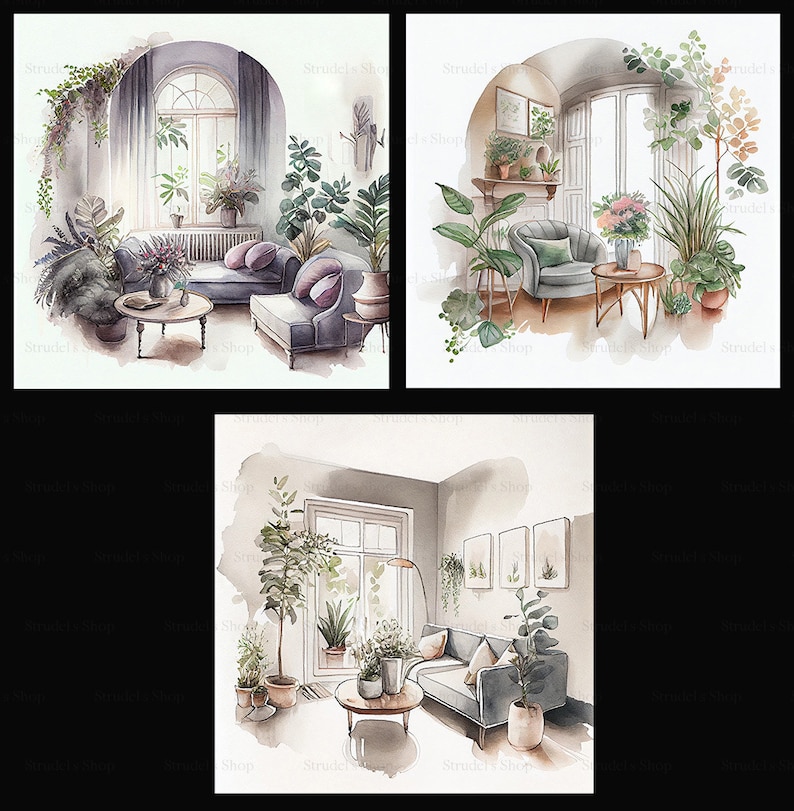 Cozy Living Rooms Watercolor Clipart PNG Scene Furniture - Etsy