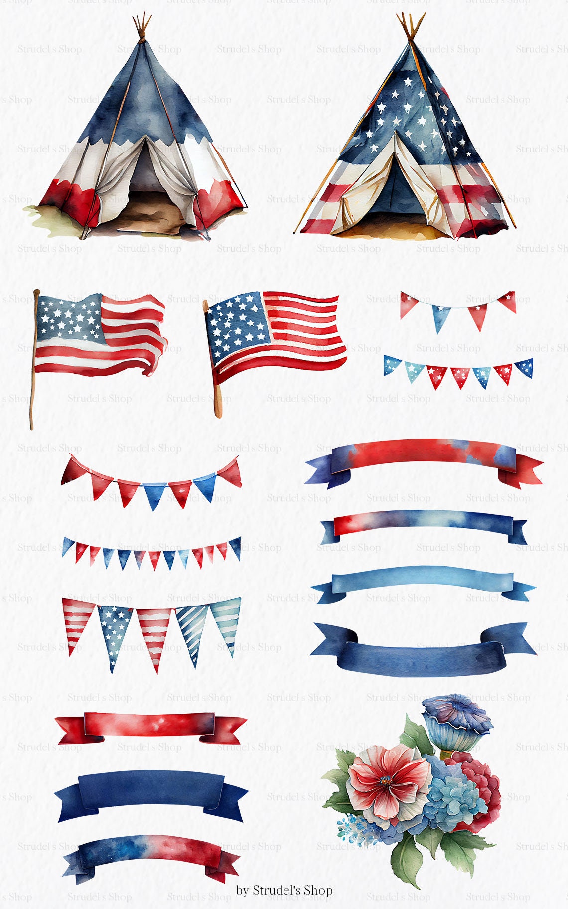 4th of July Watercolor Clipart PNG Independence Day Camper - Etsy