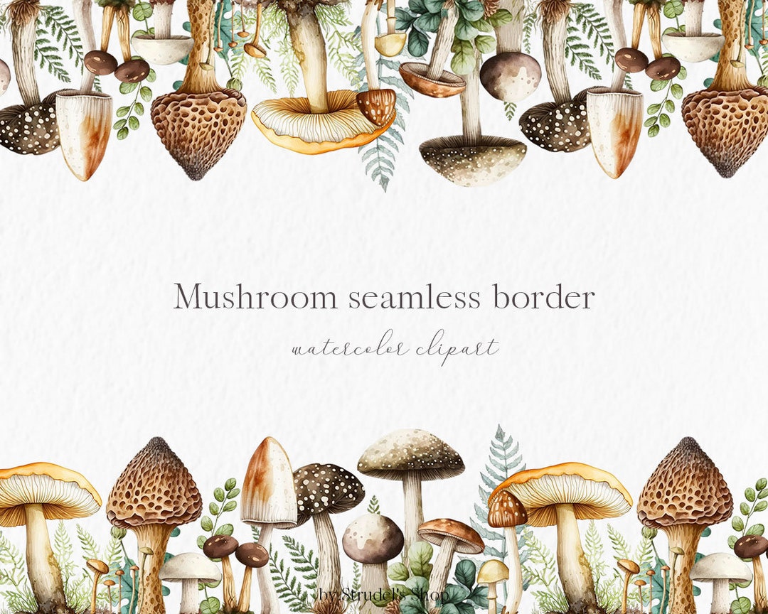 Mushroom Seamless Border Watercolor Clipart PNG - Autumn Forest ...