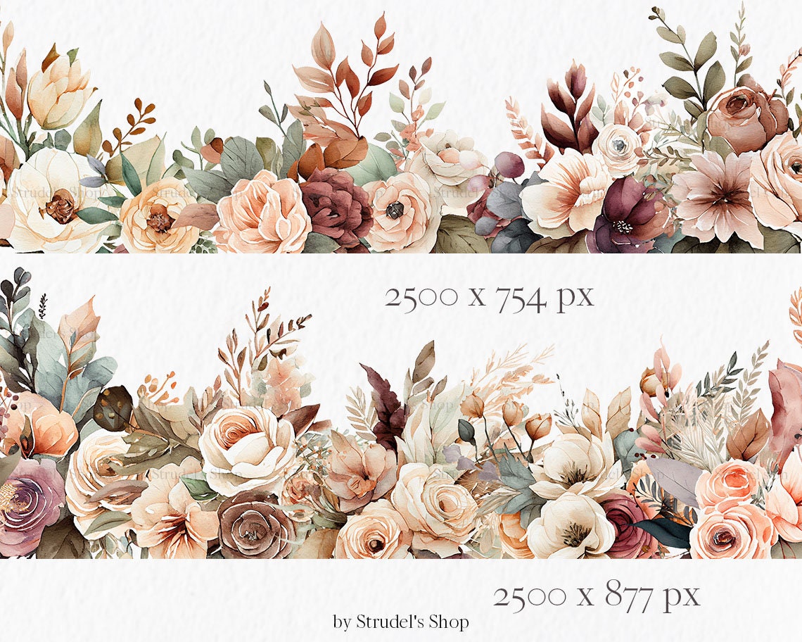 Boho Flower Seamless Borders Watercolor Clipart PNG Wedding - Etsy