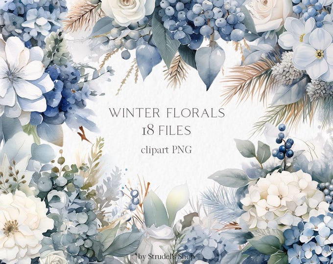 AZURE Blue Watercolor Flowers Clipart, Winter Floral Clip Art, Rustic ...
