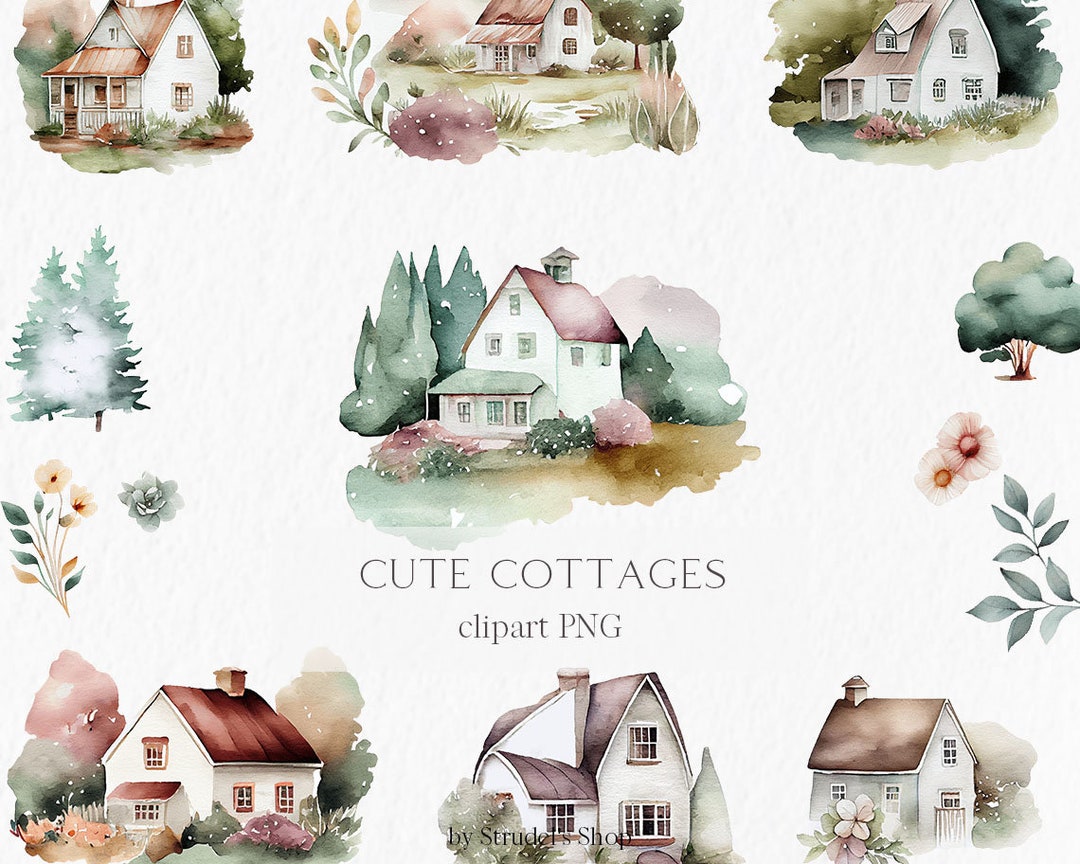 Cute Cottages Watercolor Clipart PNG House Cottagecore Home - Etsy