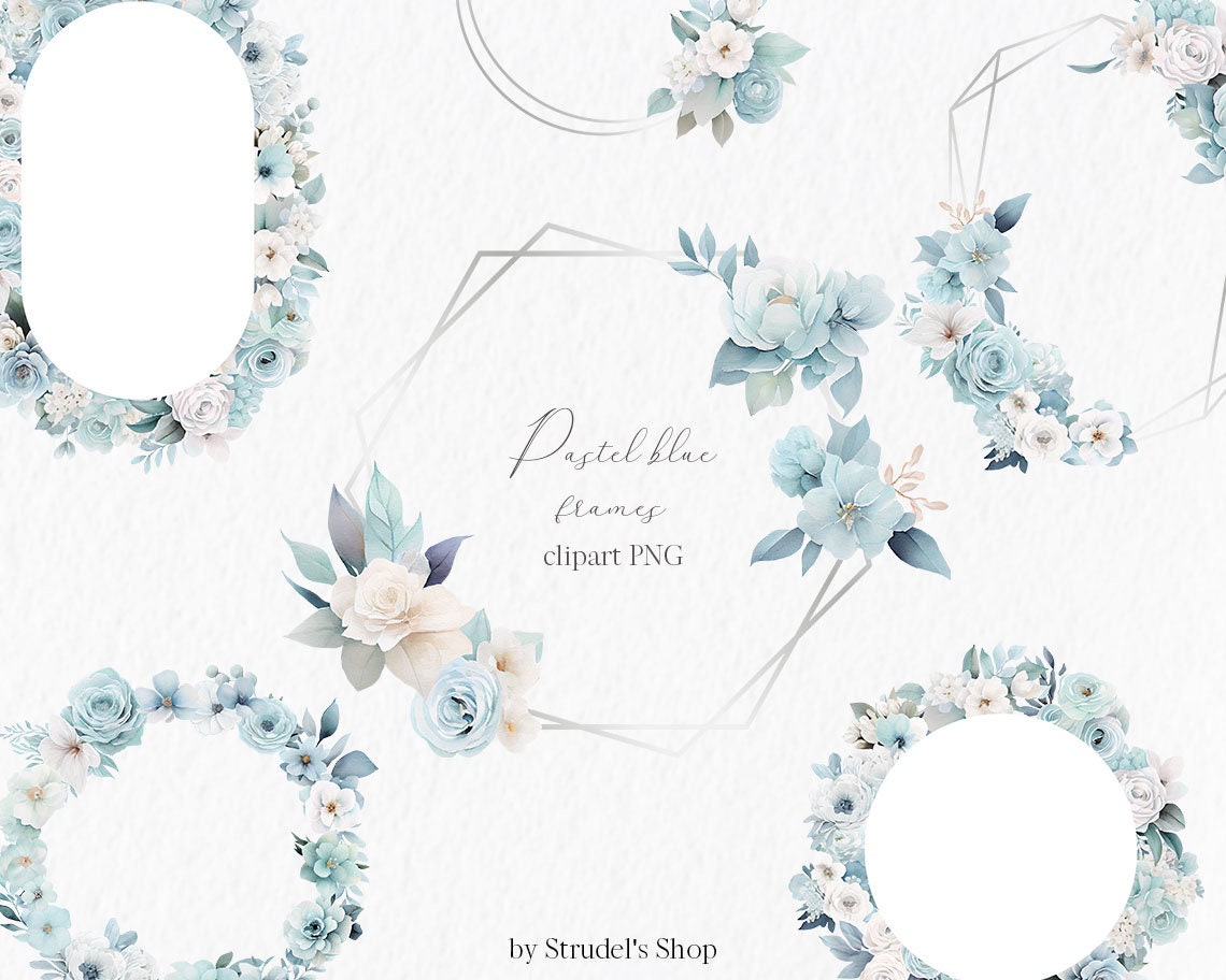 Soft Blue Pastel Frames Watercolor Clipart PNG Wedding Floral Frame ...