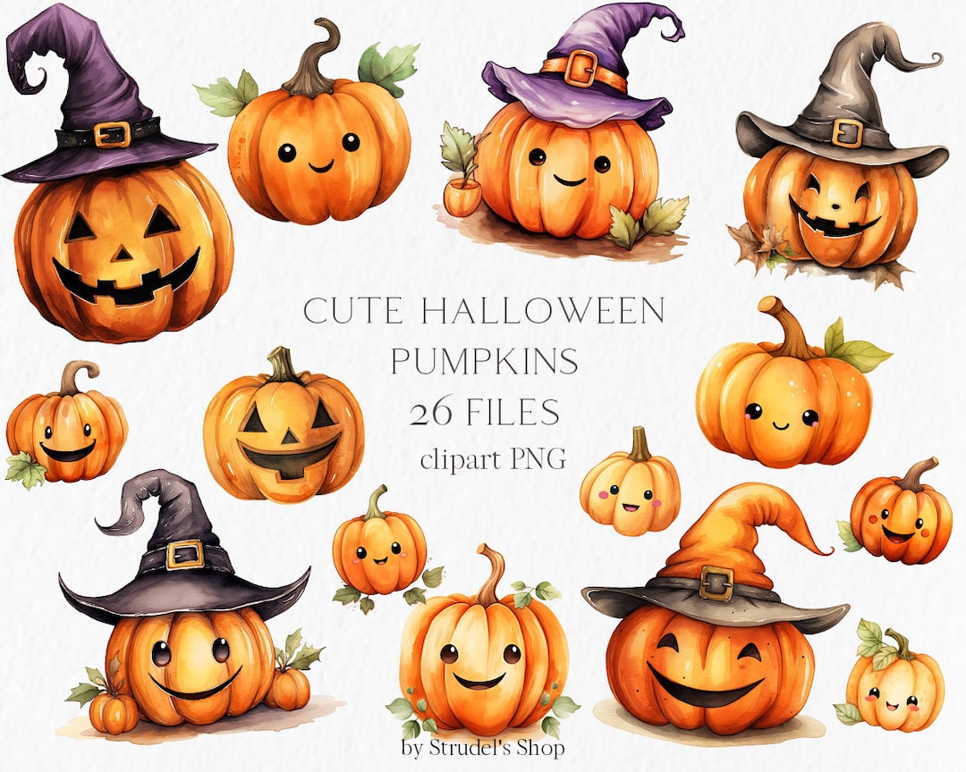 Cute Halloween Pumpkins Watercolor Clipart PNG - Jack O Lantern ...