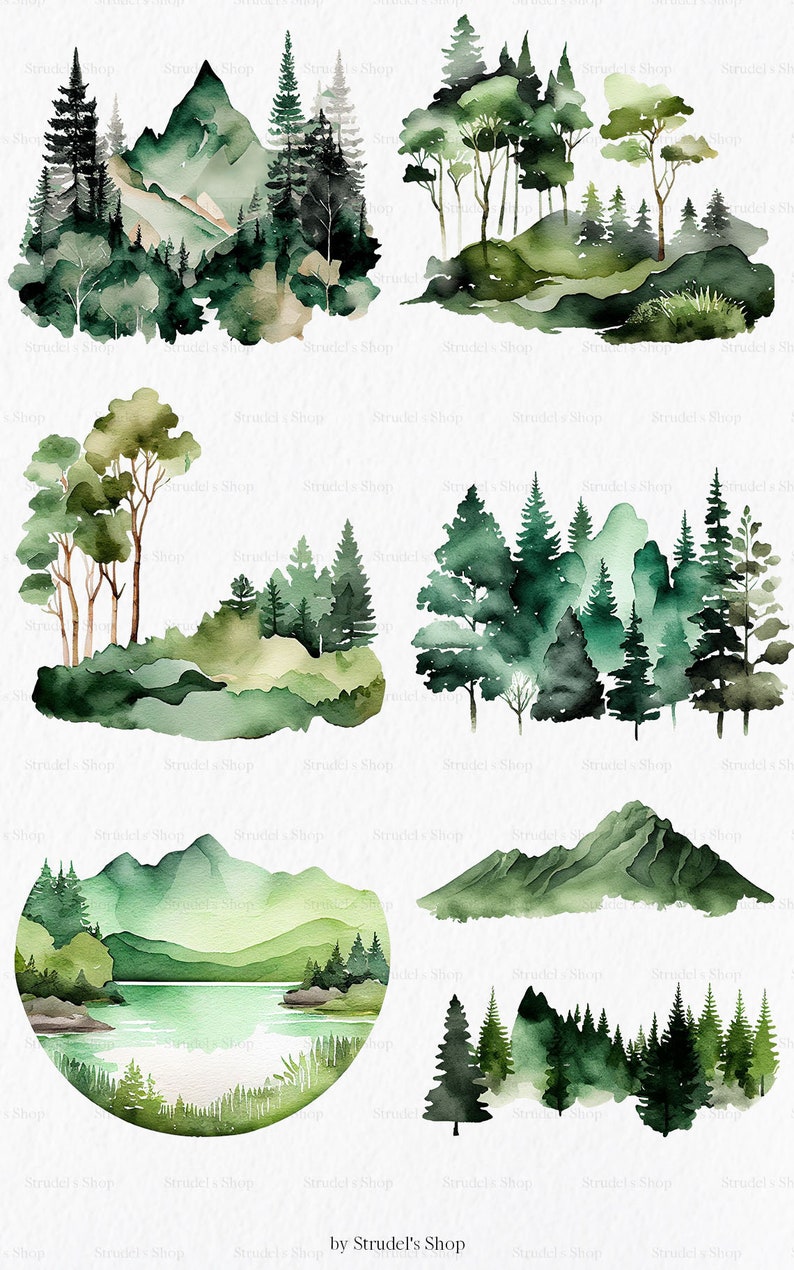 Forest Watercolor Clipart PNG Woodland Mountain Landscape - Etsy