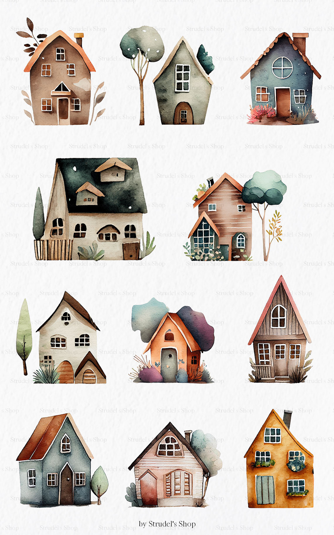 Little Houses Watercolor Clipart PNG Home Sweet Home Cartoon Kids ...