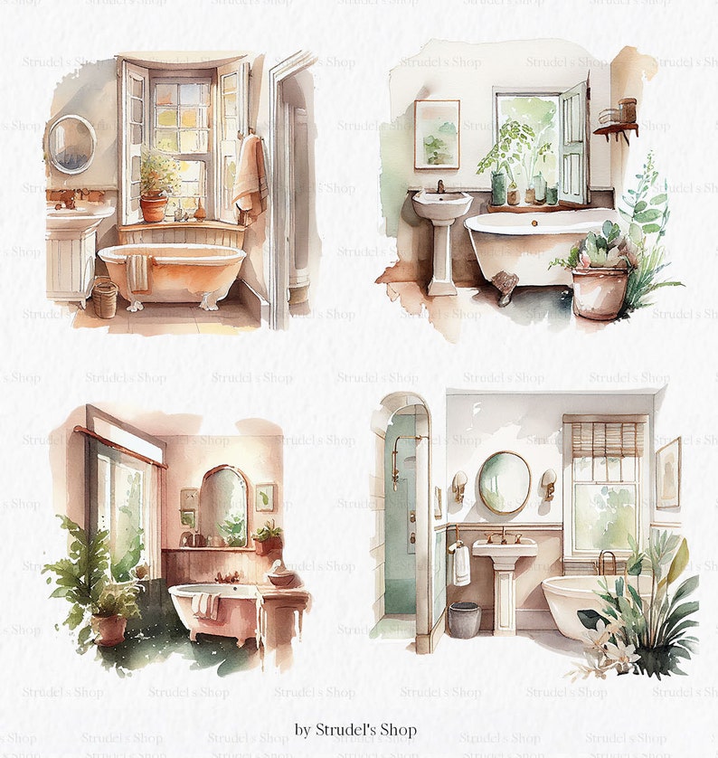 Cottagecore Bathroom Watercolor Clipart PNG Interior Rustic - Etsy