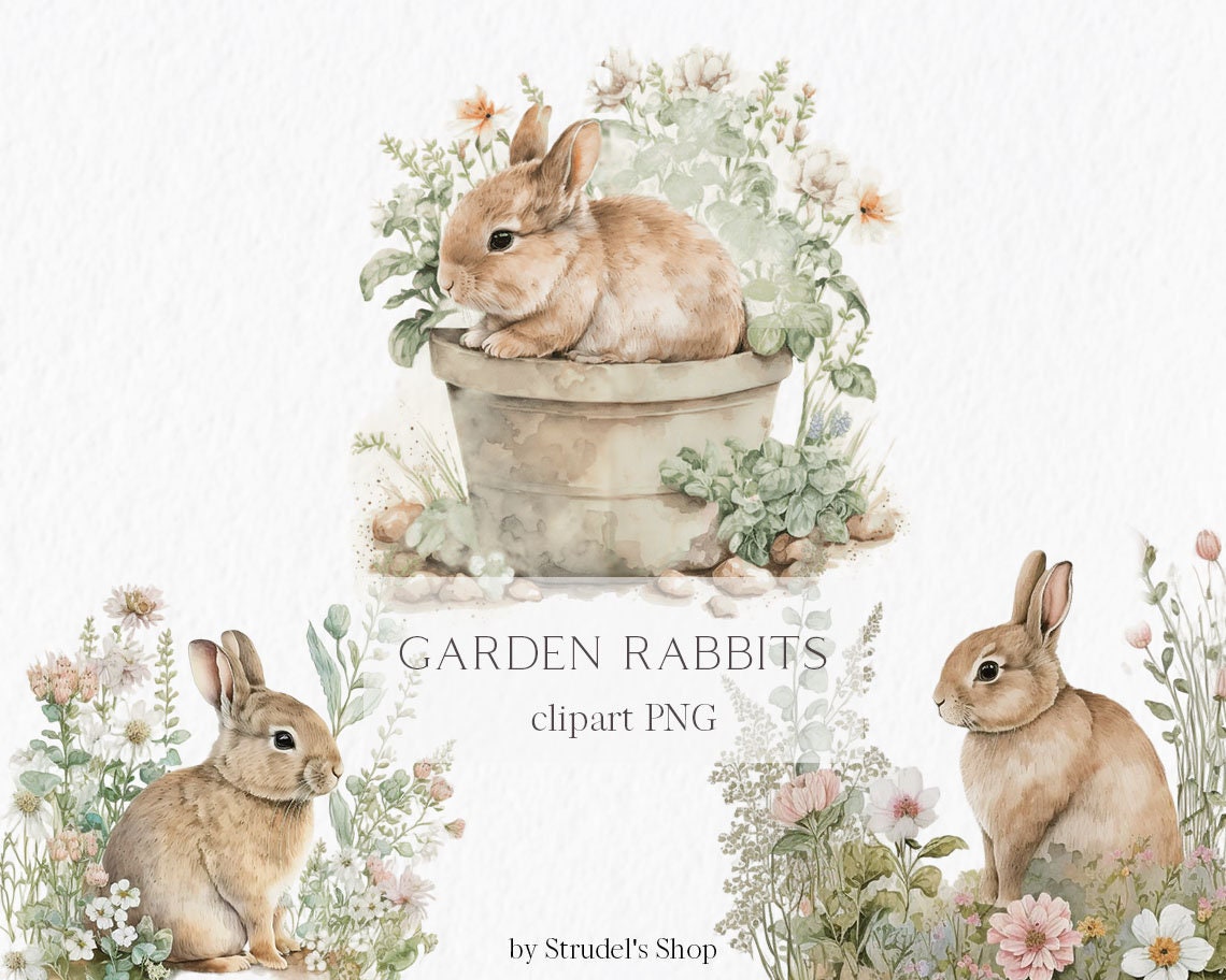 Garden Rabbits Watercolor Clipart PNG - Bunny Sublimation Printing ...