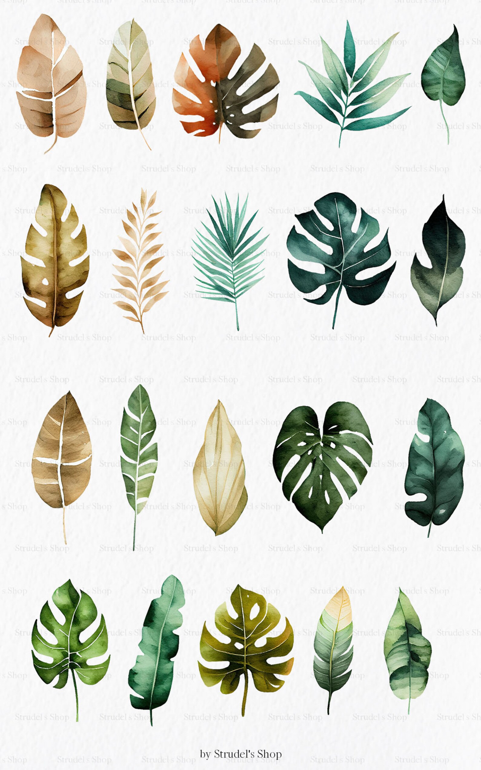 Tropical Leaves Watercolor Clipart PNG Summer Greenery - Etsy