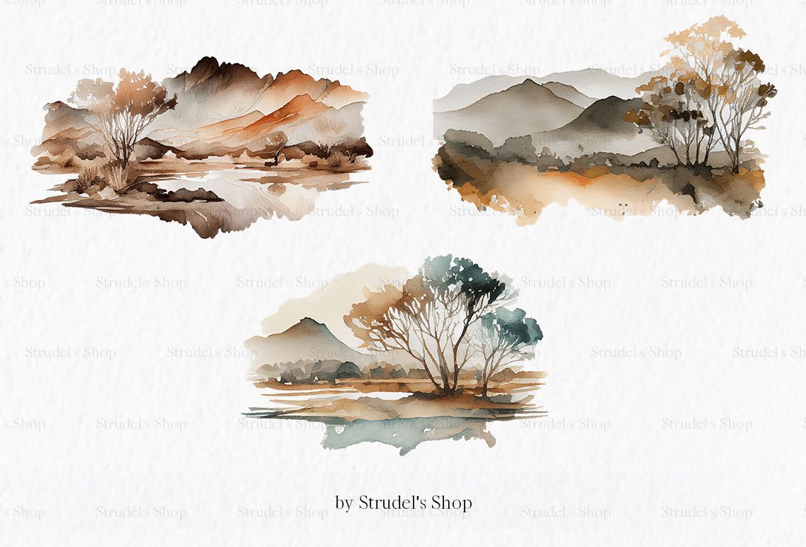 Neutral Landscapes Watercolor Clipart PNG Nature Mountain Summer Scene ...