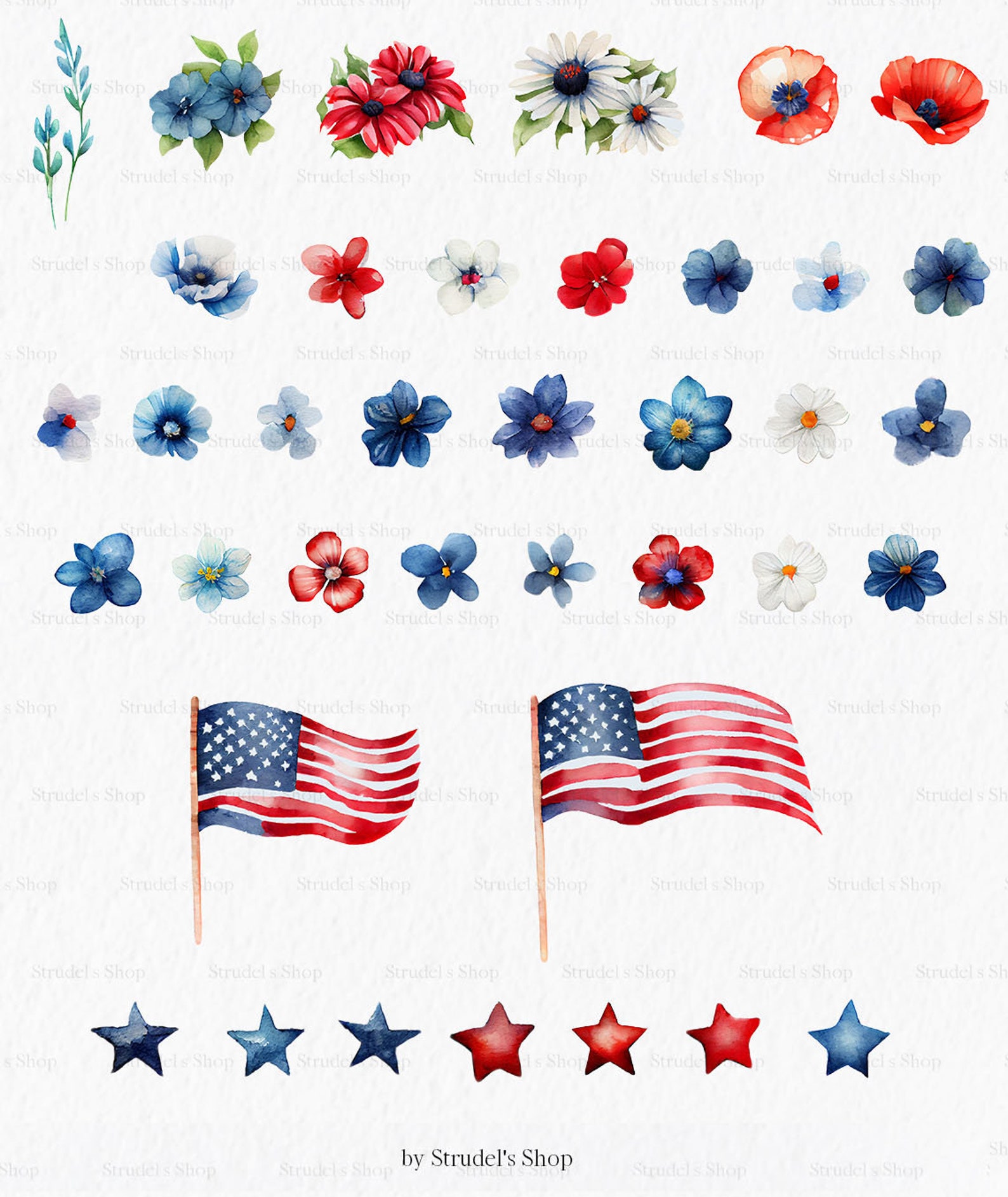 Fourth of July Watercolor Clipart PNG 4th of July Memorial Day Summer ...