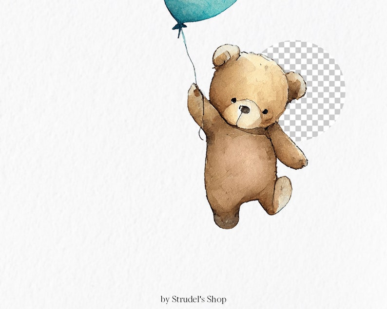 Teddy Bear and Blue Balloon Watercolor Clipart PNG - Cute Teddy ...