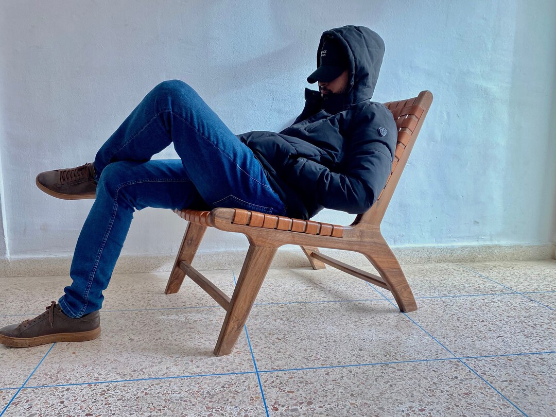 Customizable Leather Lounge Chair, Woven Accent Chair, Walnut Wood ...