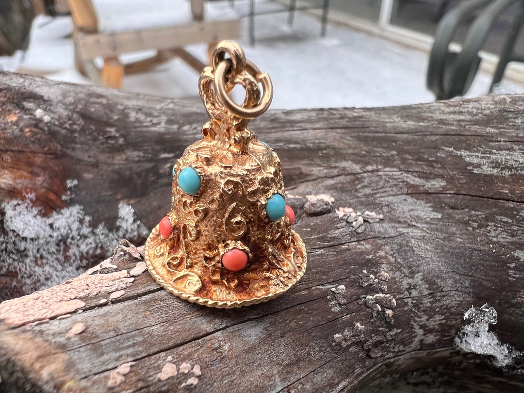Gold Bell Charm, Bell Charm, Gold Bell, Coral Bell Charm, Turquoise ...