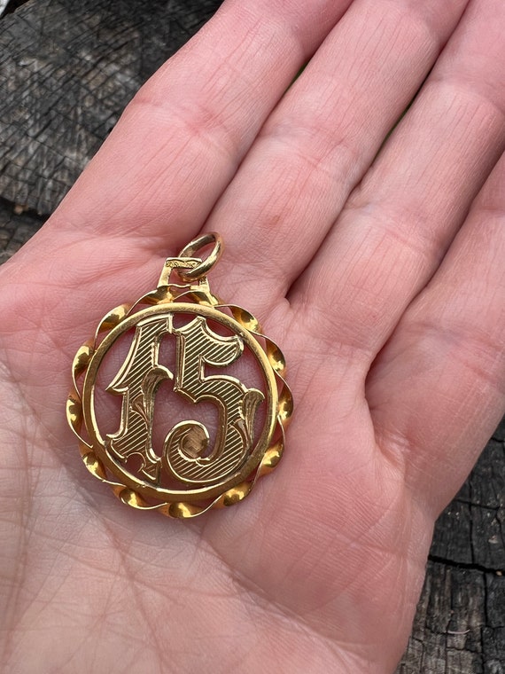 Gold "15" Charm, Gold Disc Charm, 15 Year Charm - Gem
