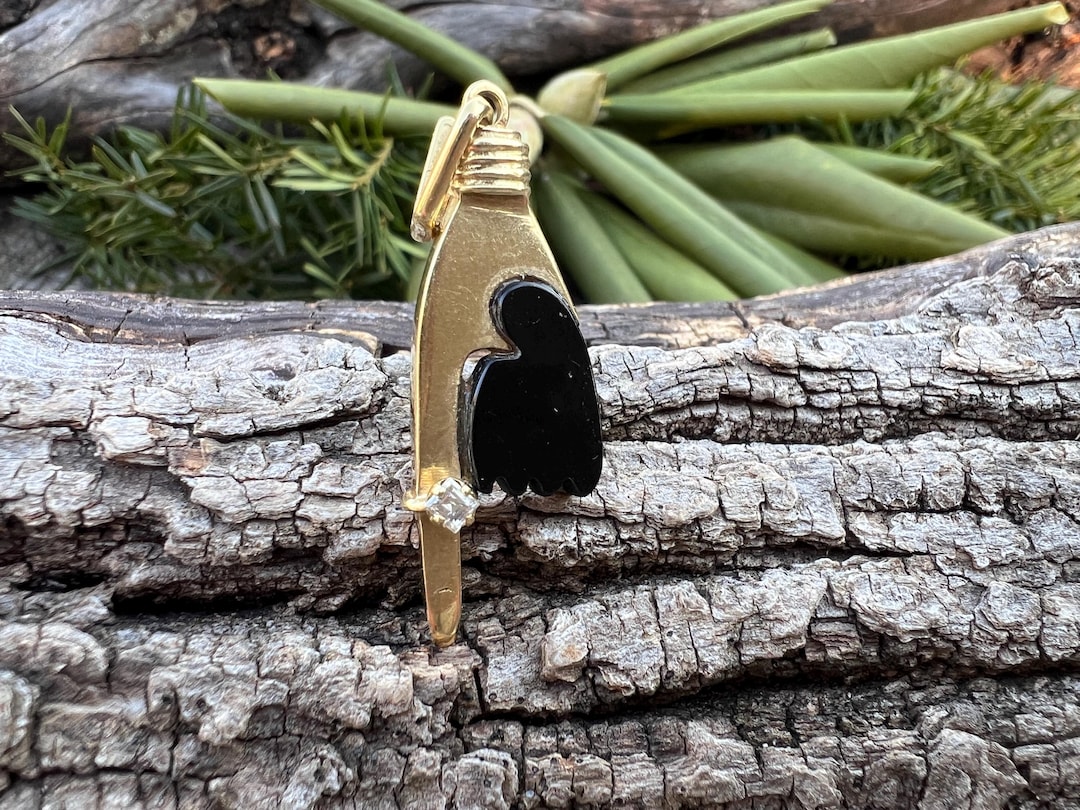 14k Gold Mano Cornuta Charm With Onyx and Diamond, Evil Eye Protection ...