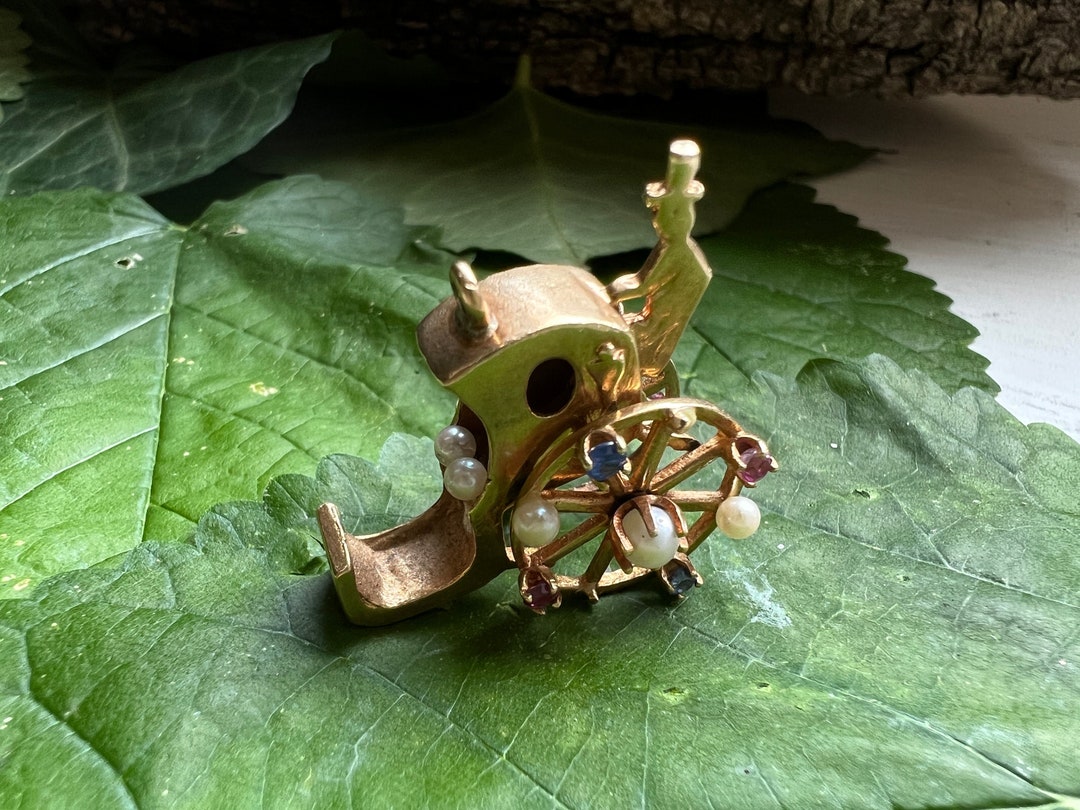 14k Yellow Gold Chariot Charm, Pearl Sapphire Ruby Wheels - Etsy