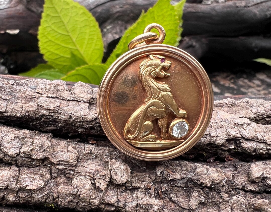14k Gold Victorian Lion Locket: Prudential Old Guard Ruby Eye Diamond ...