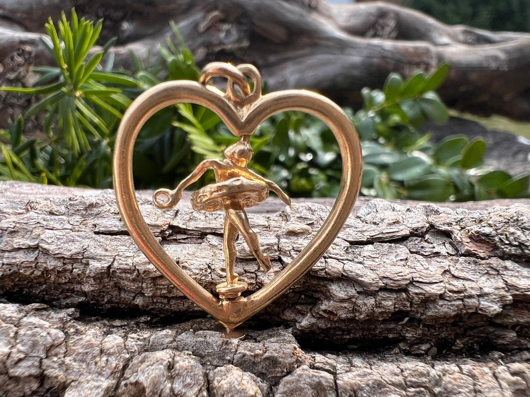 14k Yellow Gold Ballerina Heart Charm, Twirling Dancer - Etsy