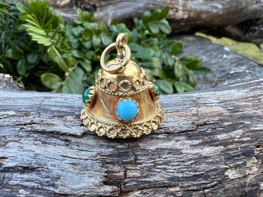 14k Gold Vintage Bell Charm With Turquoise and Chrysoprase - Etsy