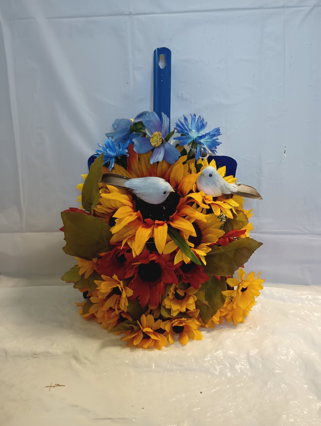 Rescued Old Blue Metal Dustpan Wall Hanging With Silk Floral ...