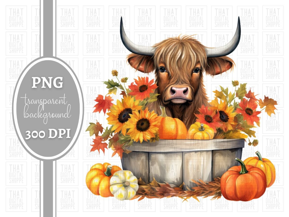 Fall Highland Cow PNG Pumpkin PNG Cute Highland Baby Cow Sublimation ...