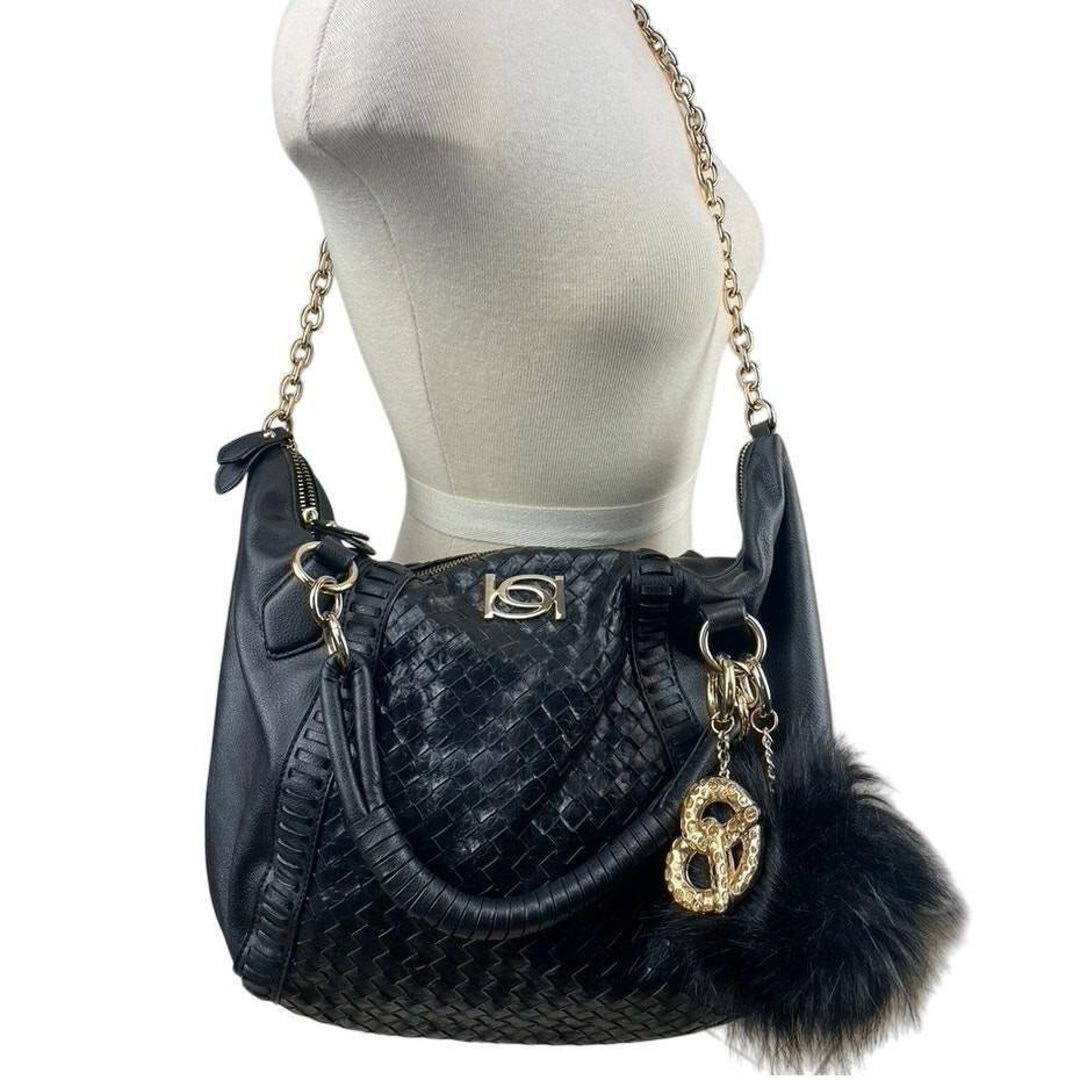 Vintage BEBE Vegan Shoulder Hobo Purse Black Pretzel Charm Gold Chain ...