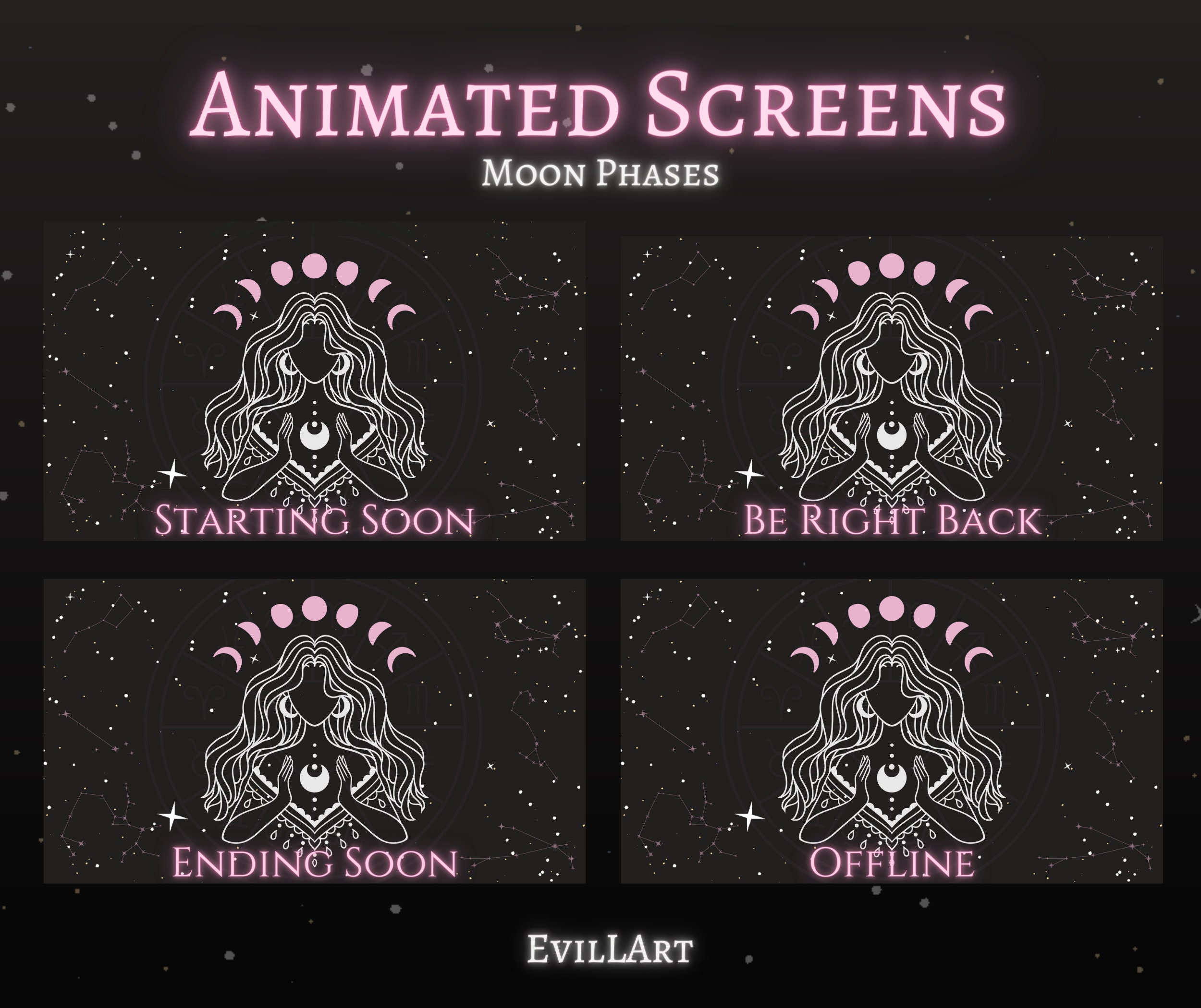 STREAM PACKAGE - Pink Moon Phases | Animated | Twitch | Youtube | Overlays | Astral | Witch ...