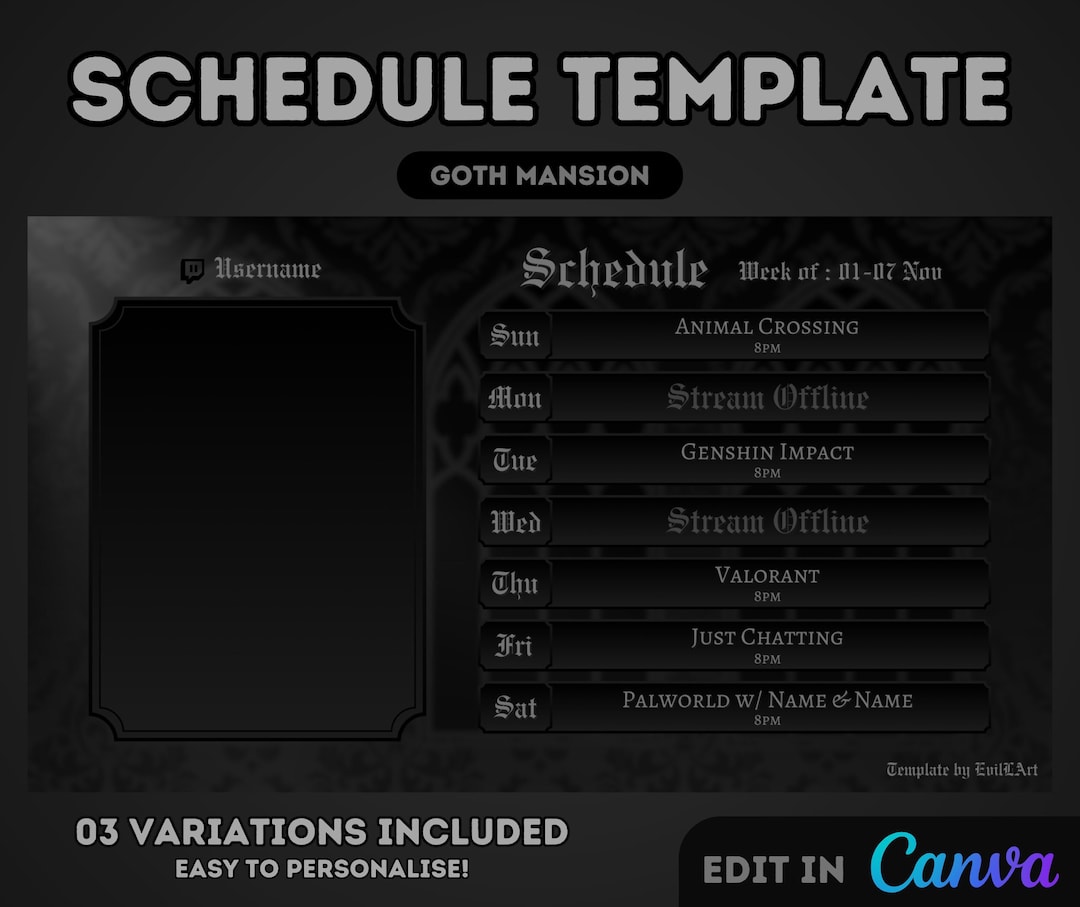 SCHEDULE TEMPLATE (x3) - Goth Mansion | Twitch | Stream | Overlays ...
