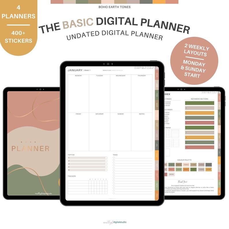 Undated Digital Planner - Earth Boho Tones - Hyperlinked PDF Digital ...