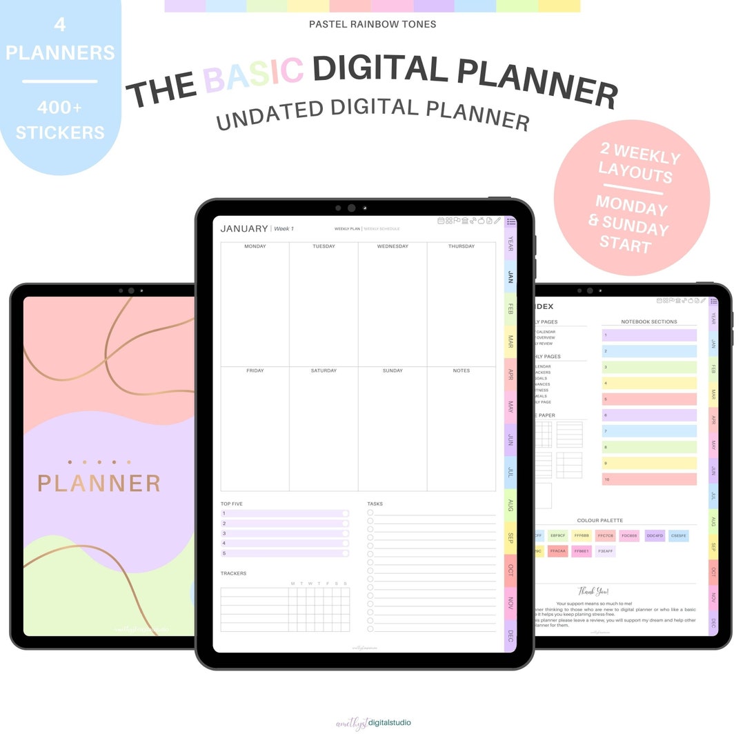 Undated Digital Planner - Pastel Rainbow Tones - Hyperlinked PDF ...