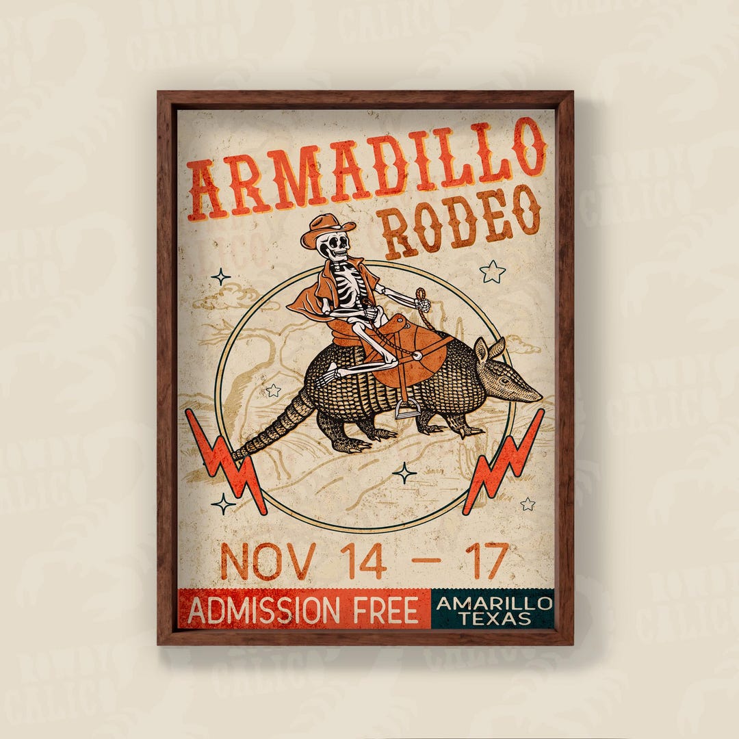 Armadillo Rodeo Skeleton Cowboy Lightning Western Vintage Style Prints Minimalist Neutral Colors ...