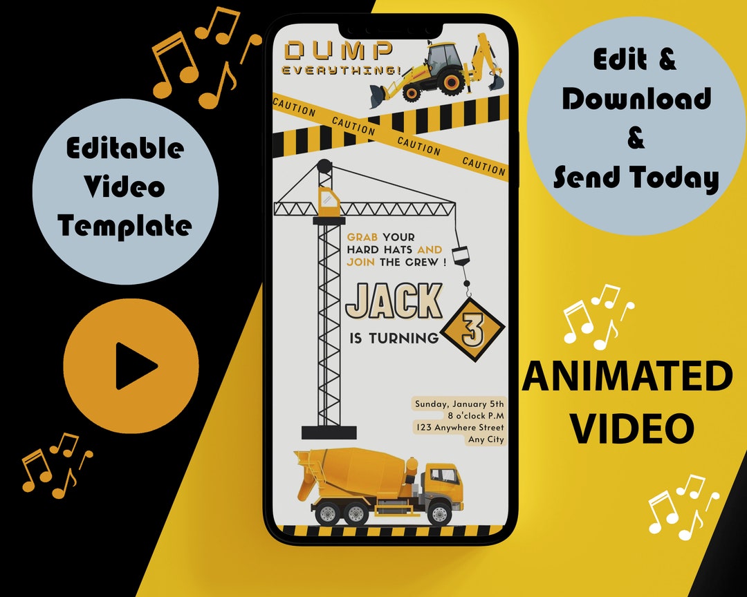 Construction Birthday Invitation, Construction Video Invitation, Dump ...