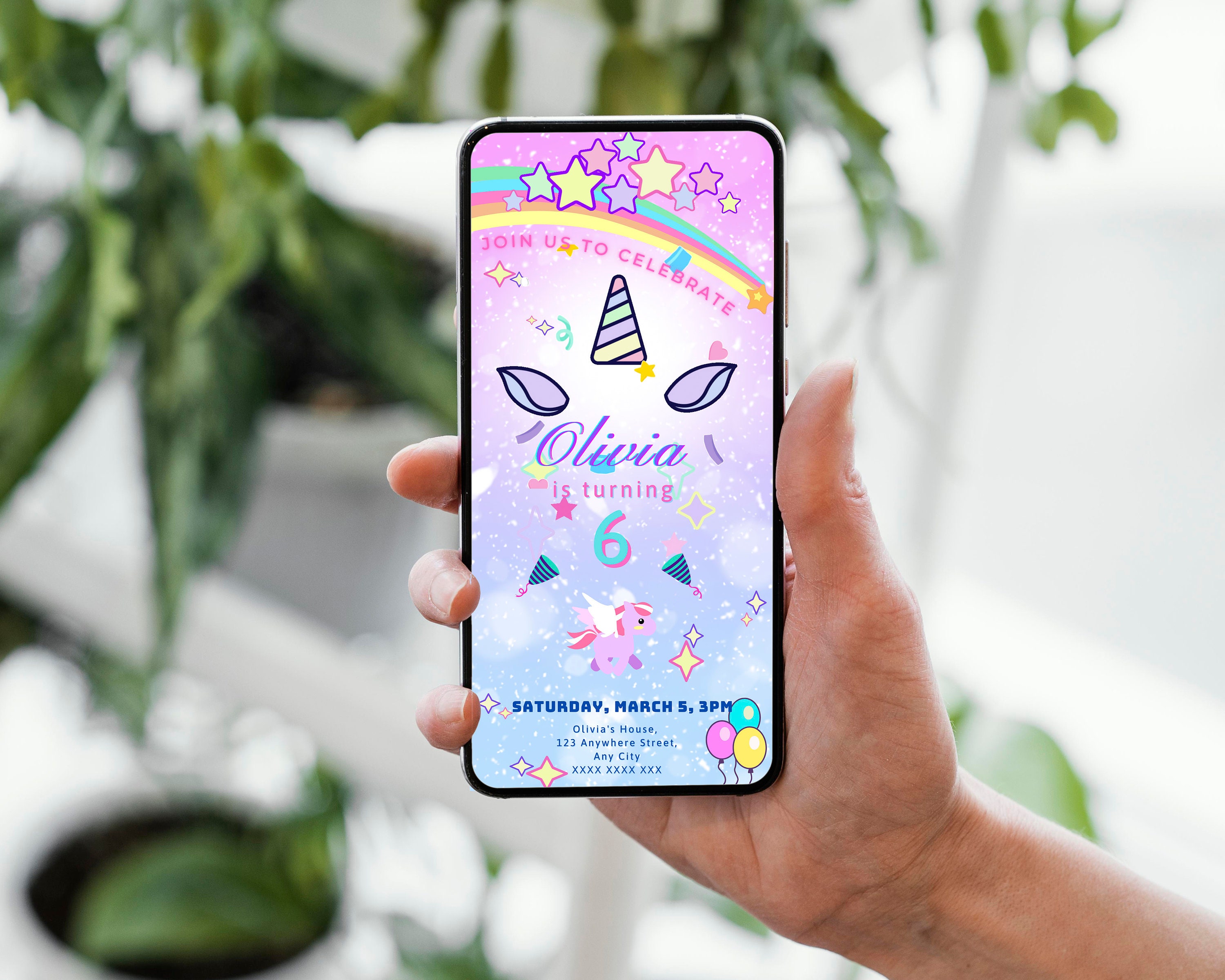 Electronic Unicorn Birthday Party Invite, Mobile Unicorn Birthday Party ...