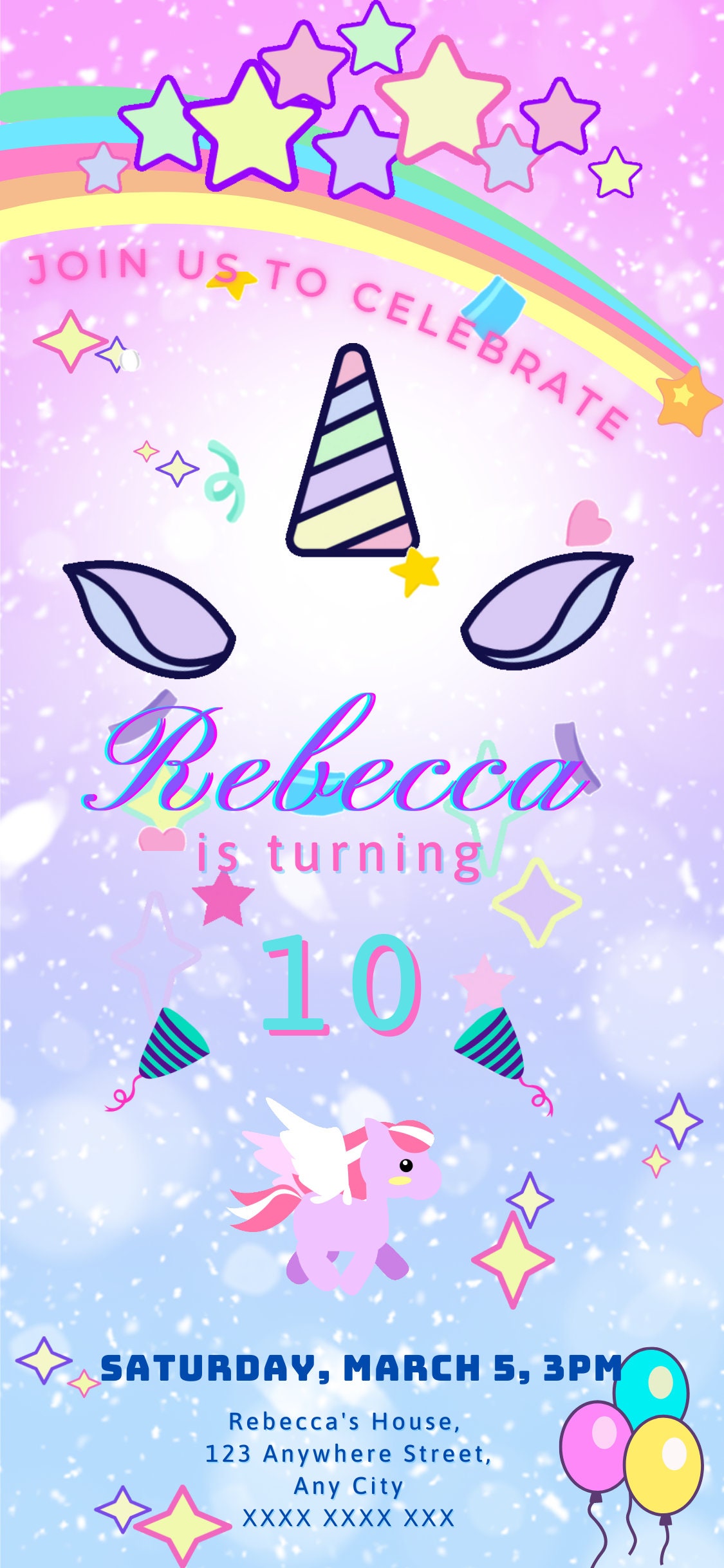 Electronic Unicorn Birthday Party Invite, Mobile Unicorn Birthday Party ...
