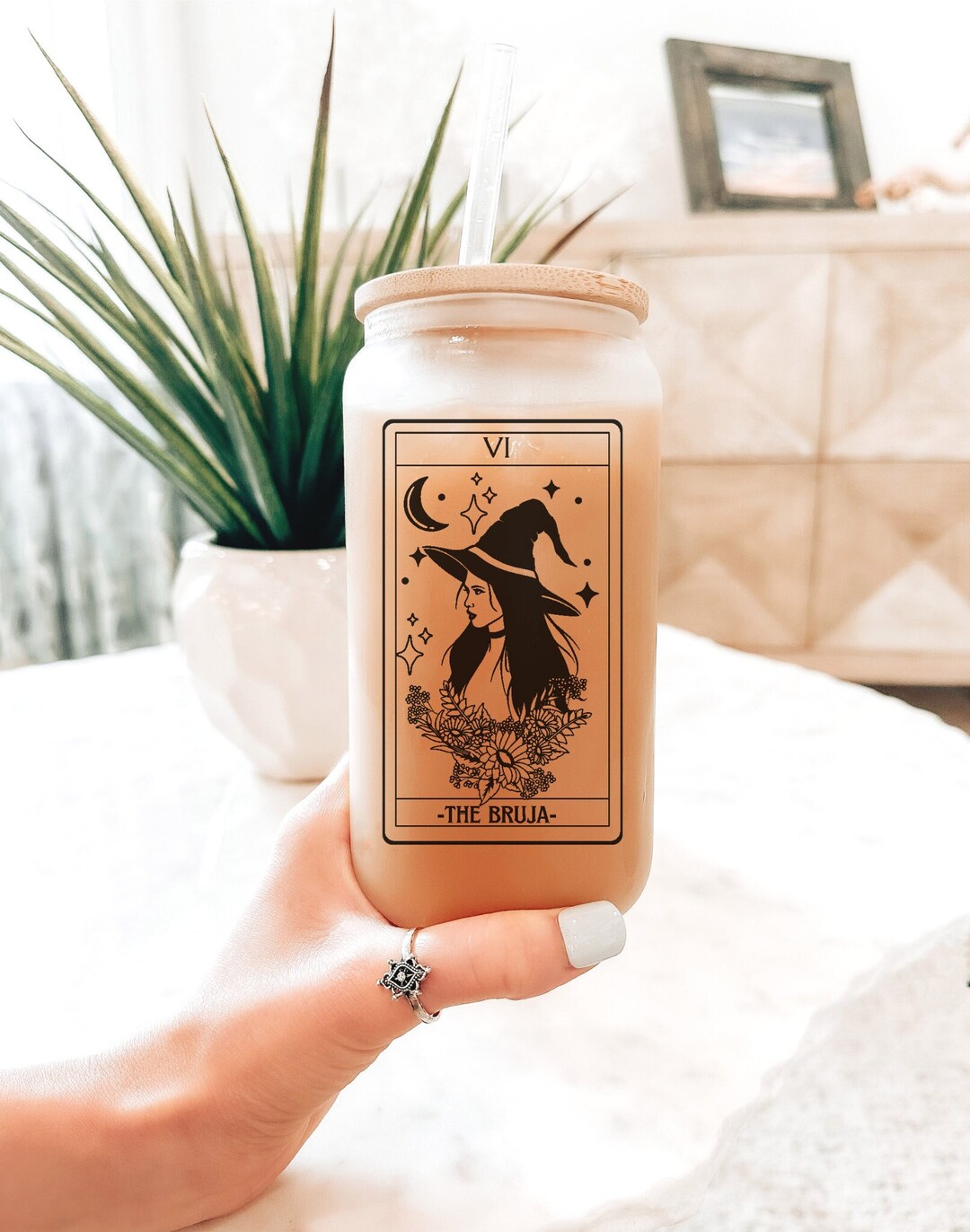 Bruja Tarot Frosted Glass Tumbler, Halloween Tumbler With Straw, Witch ...