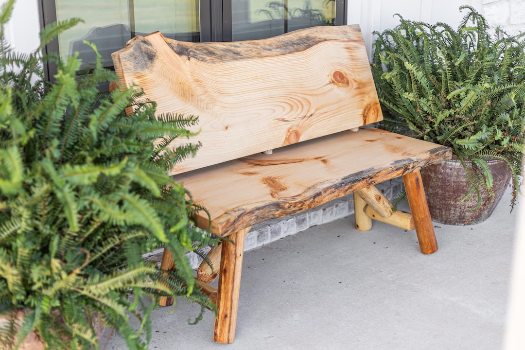 Live Edge Log Bench With Backrest: Rustic Outdoor Seating With ...