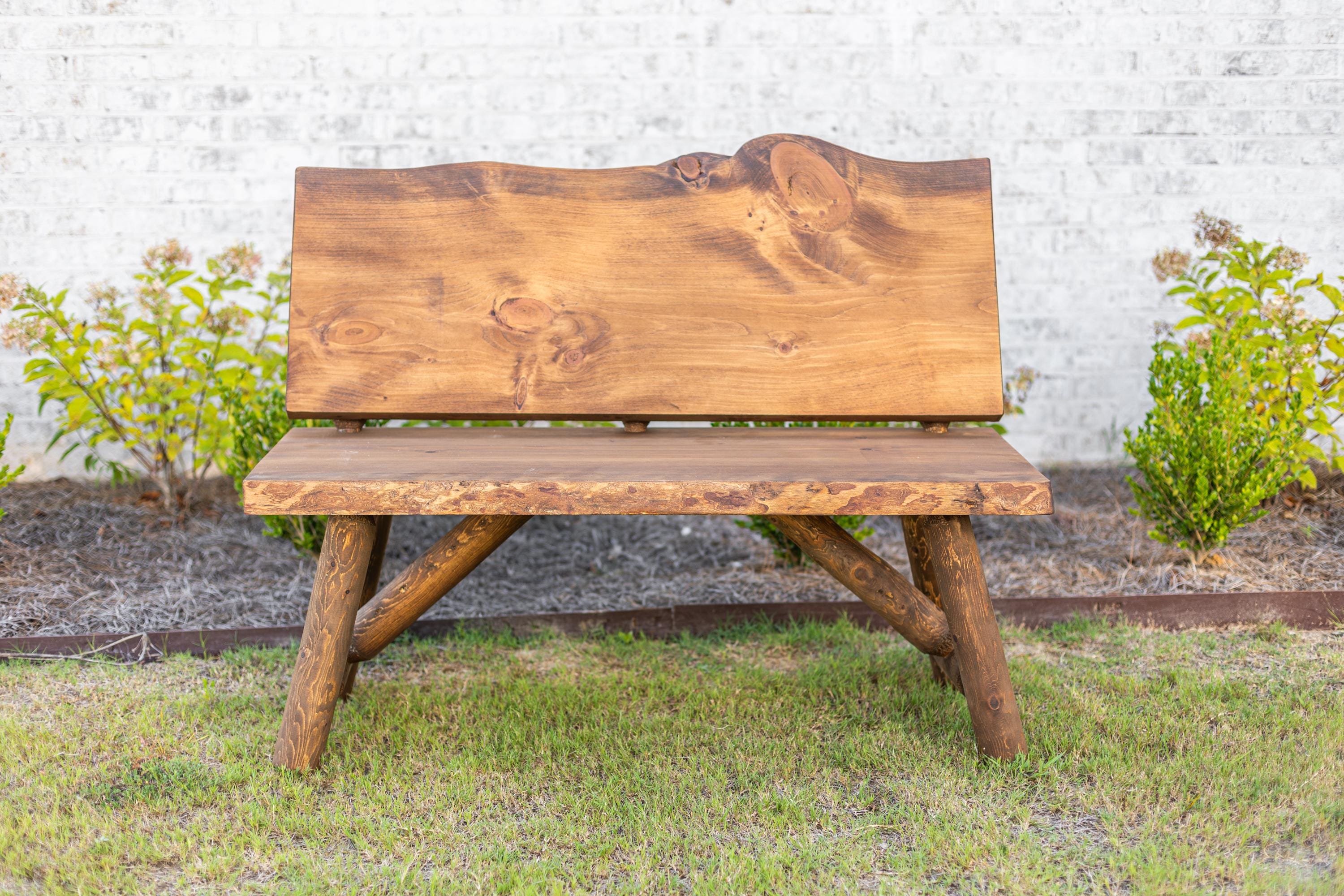 Rustic Live Edge Bench with Back Rest with Beautiful Engraved Wooden bench with live edge wood character for Porch and Entryway Rustic Style Etsy
