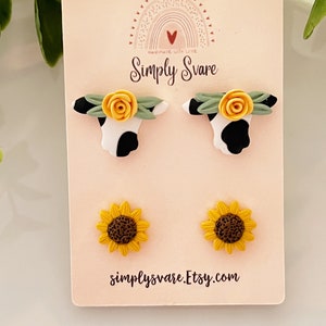 Summer Stud Pack Cow Studs Sunflower Studs Polymer Clay Stud Earrings ...