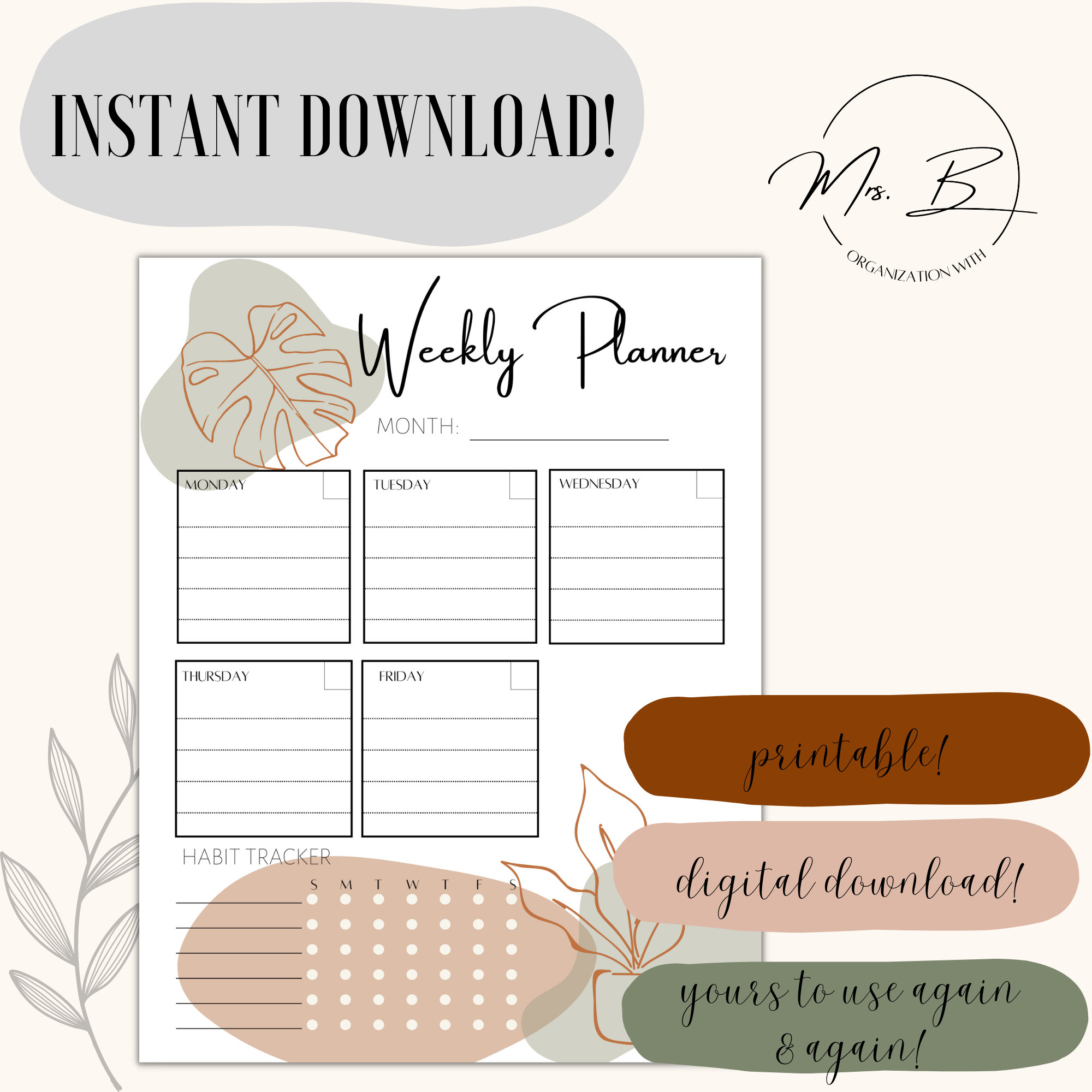 Modern Printable Natural Weekly Planner | Boho Digital Download ...