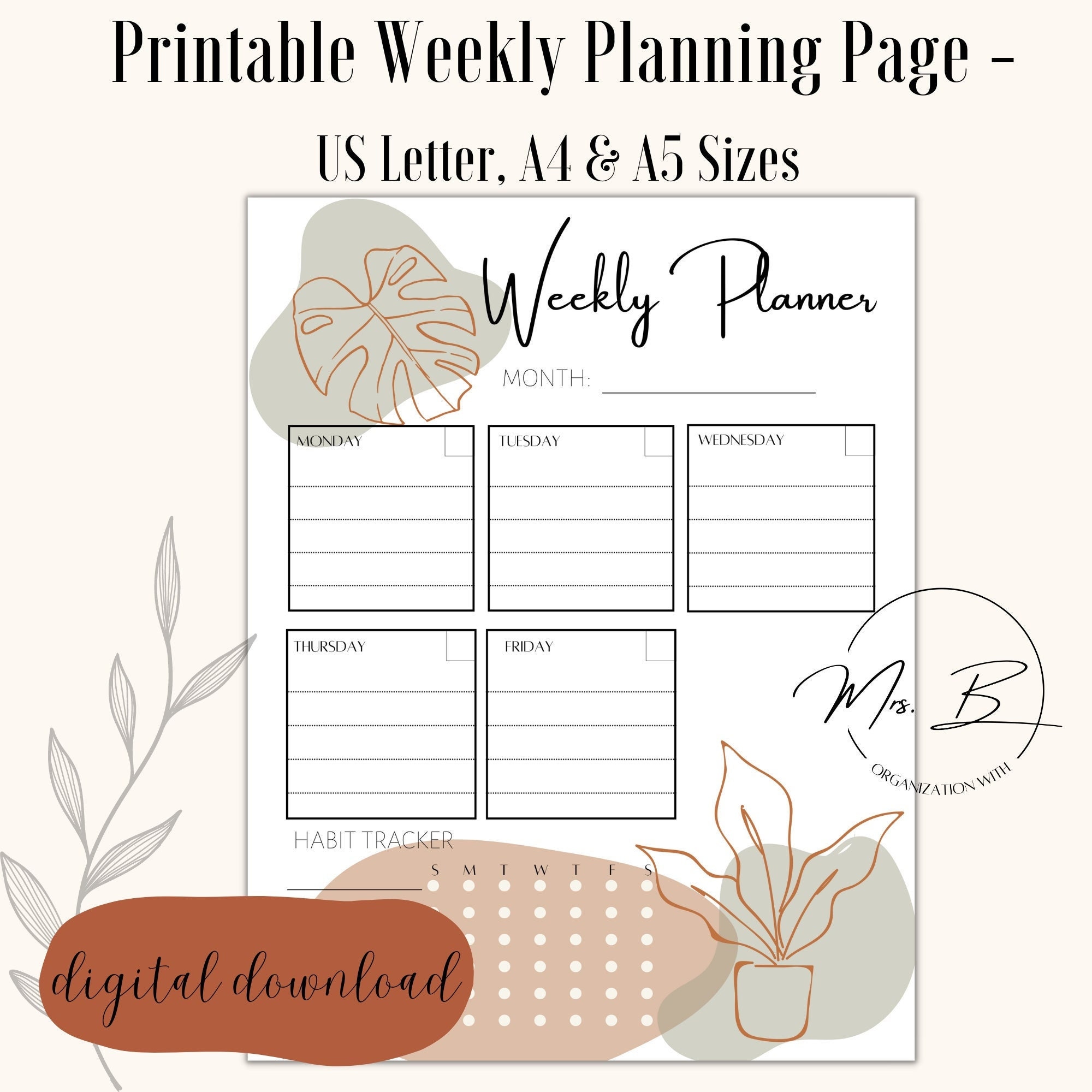 Modern Printable Natural Weekly Planner | Boho Digital Download ...