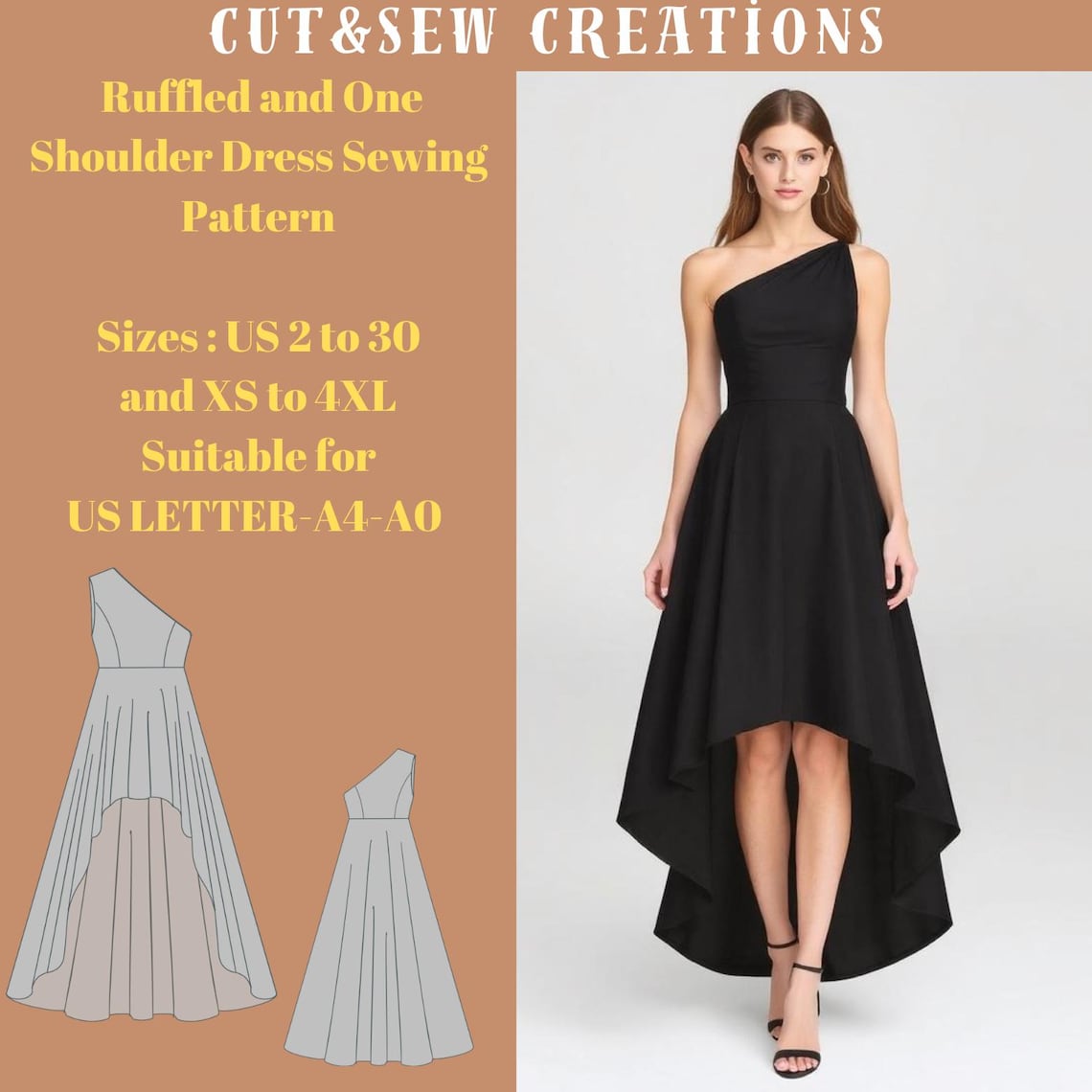 Ruffled and One Shoulder Dress Sewing Pattern,sizes US 2 to 30 and XS ...