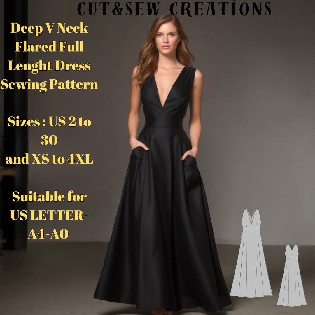 Deep V Neck Flared Full Lenght Dress Sewing Pattern,sizes ;US 2 to 30 ...